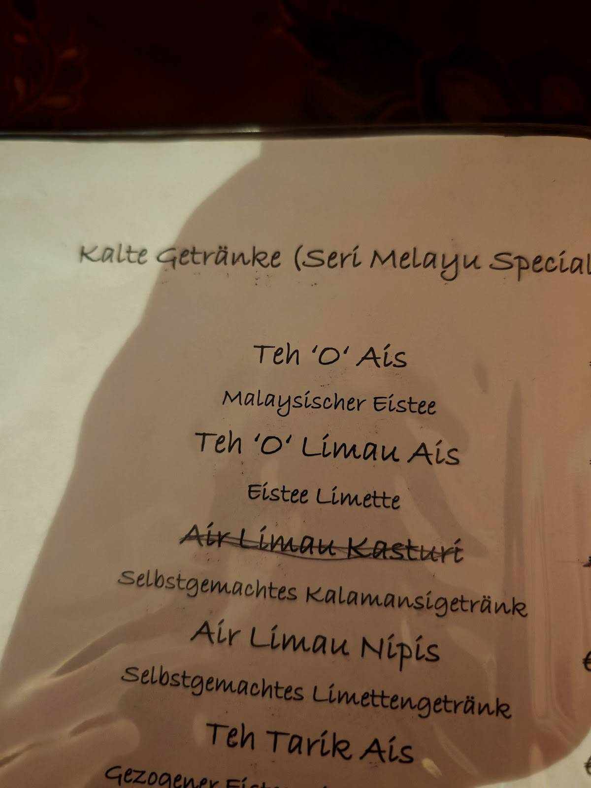 Menu at Seri Melayu restaurant, Berlin