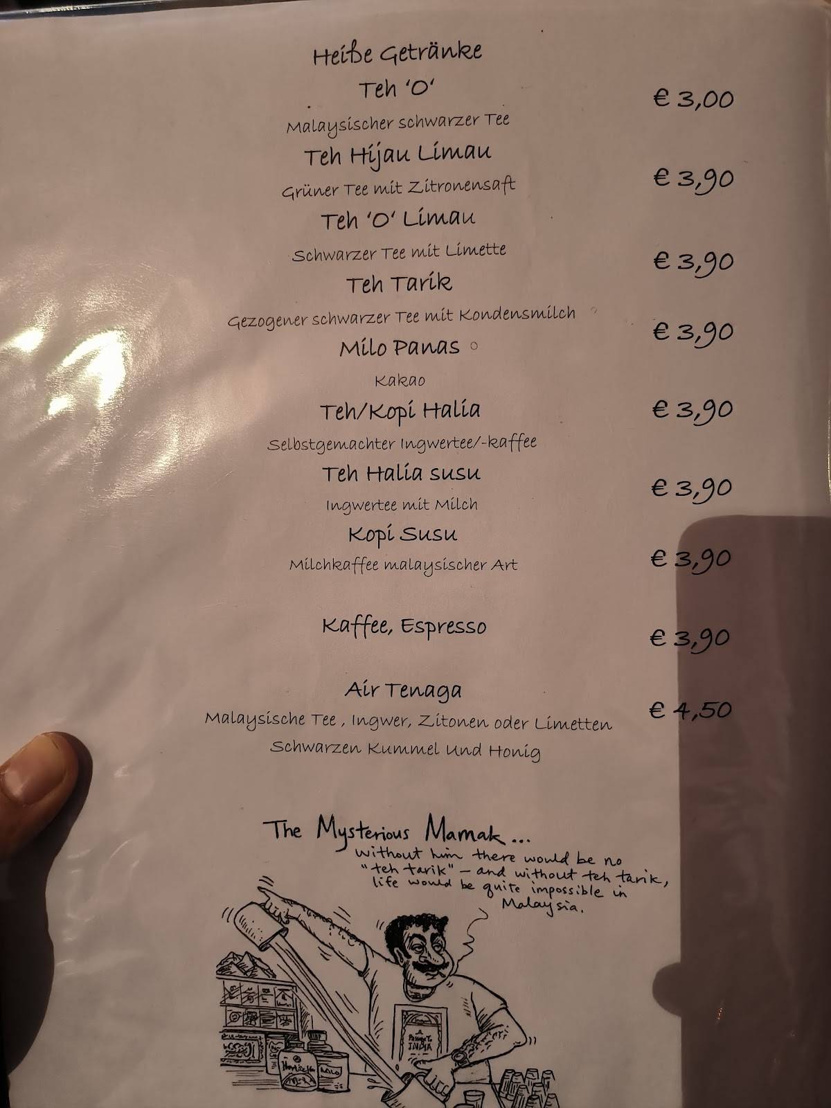 Menu at Seri Melayu restaurant, Berlin