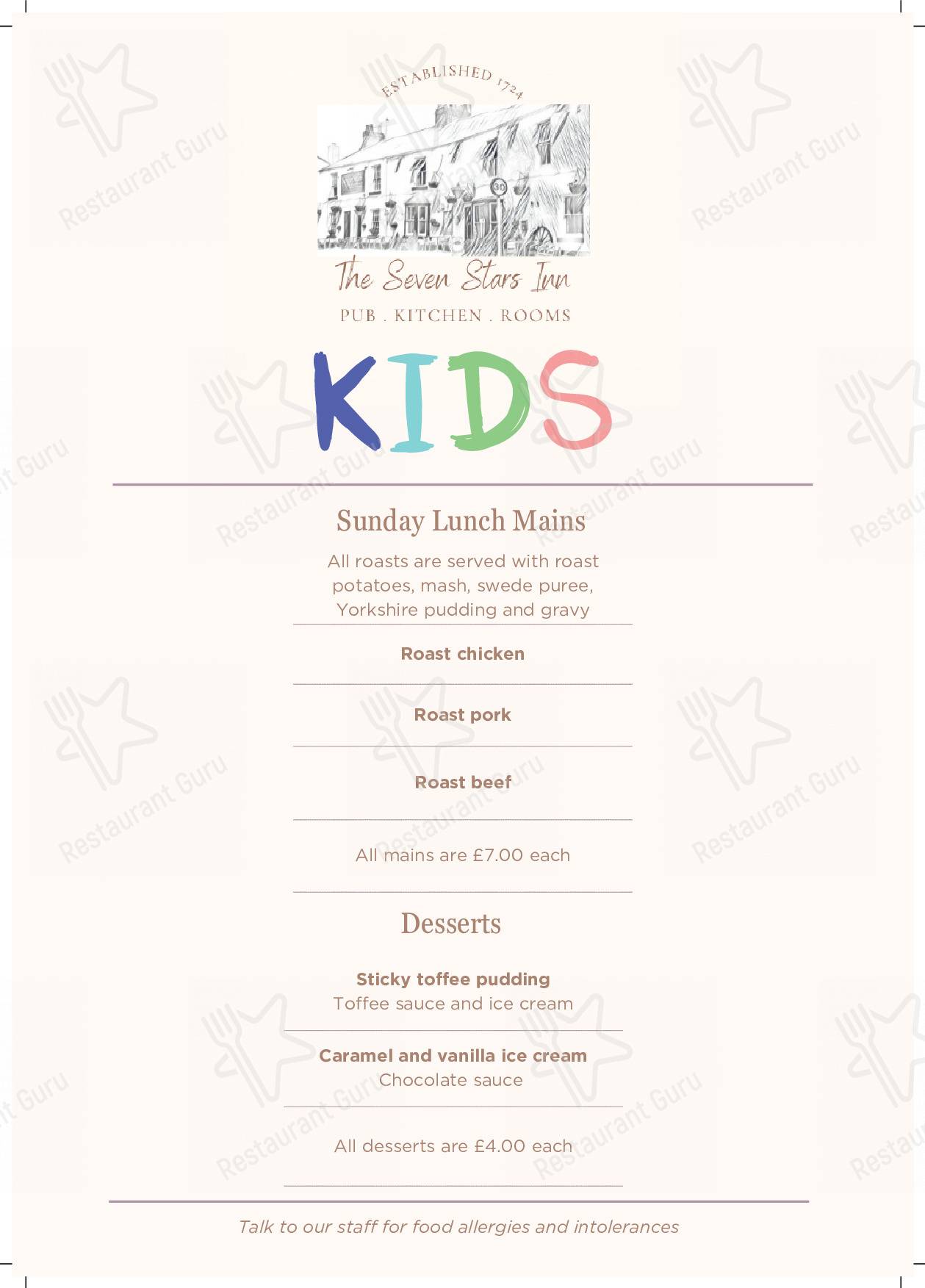 Menu at Seven Stars Inn pub & bar, Shincliffe