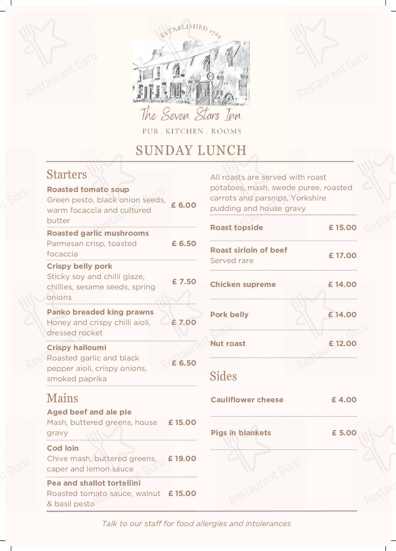 Menu at Seven Stars Inn pub & bar, Shincliffe