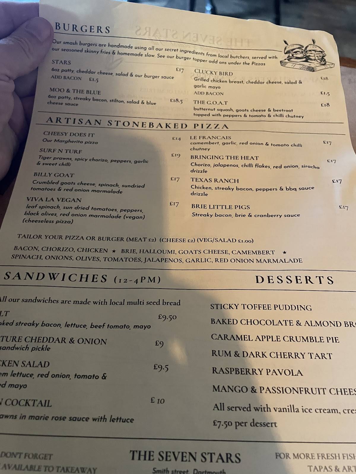 Menu at Seven Stars pub & bar, Dartmouth