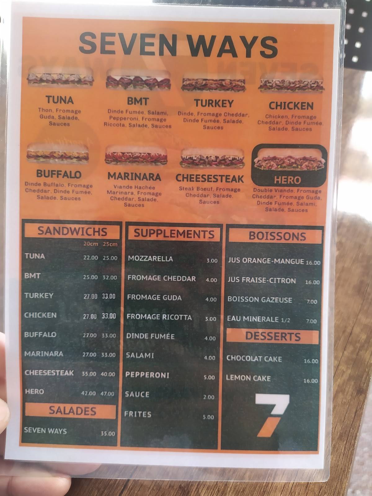 Menu at Seven Ways restaurant, Meknes