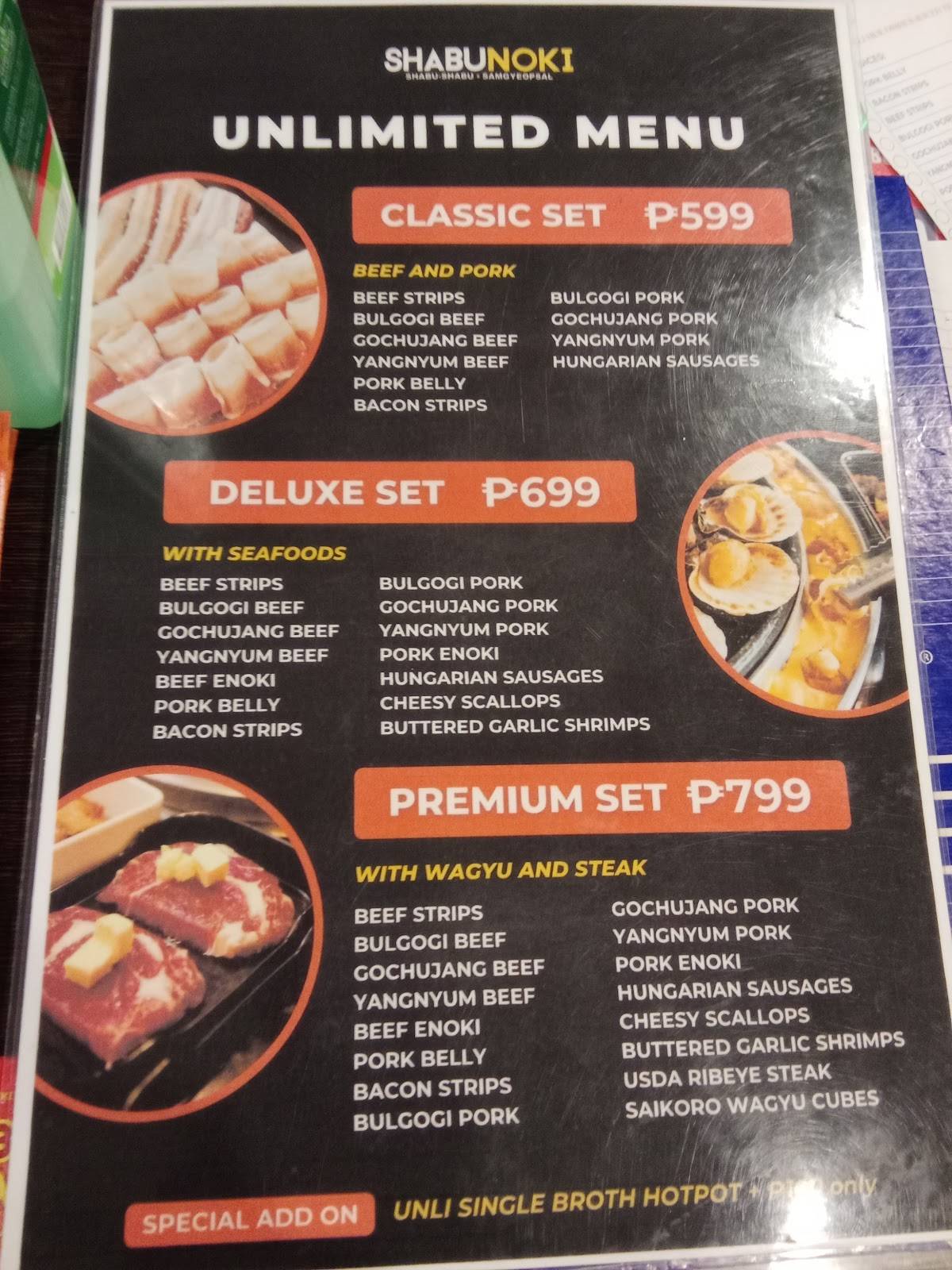 Menu at Shabunoki Silang restaurant, Silang