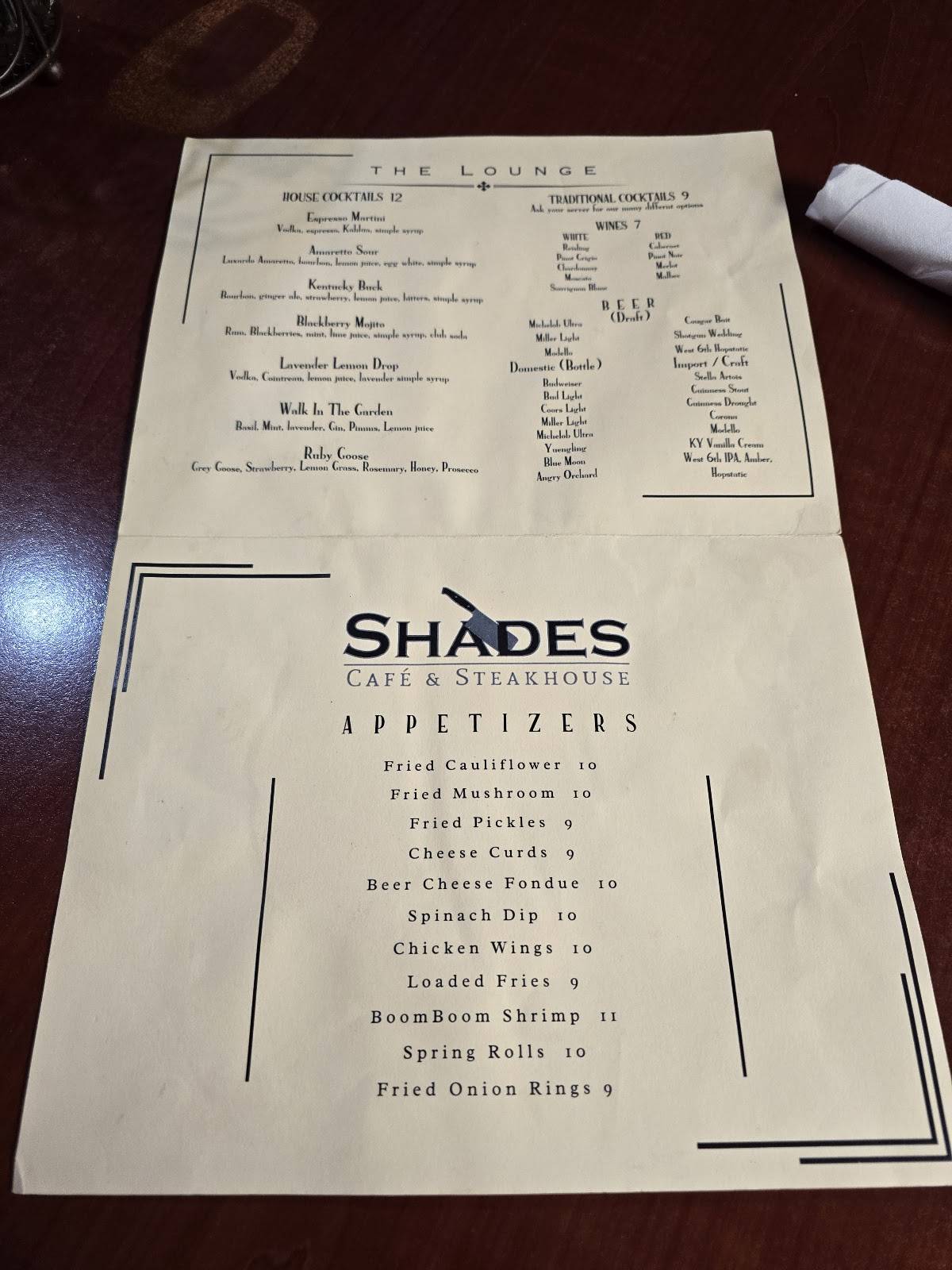Menu at Shades Café & Steakhouse, Middlesboro