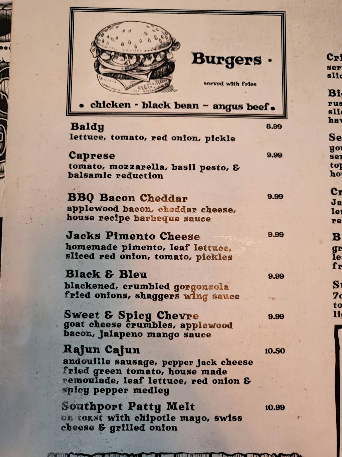 Menu at Shagger Jacks restaurant, Oak Island