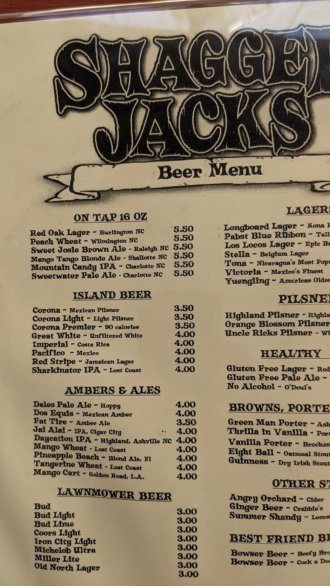 Menu at Shagger Jacks restaurant, Oak Island