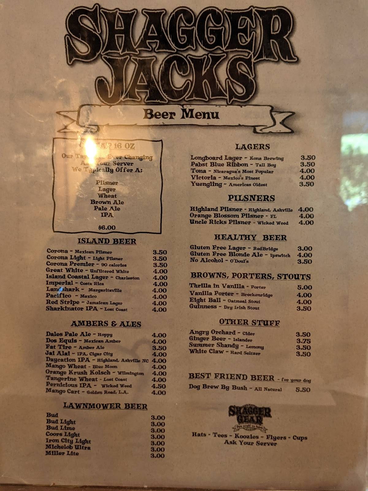Menu at Shagger Jacks restaurant, Oak Island