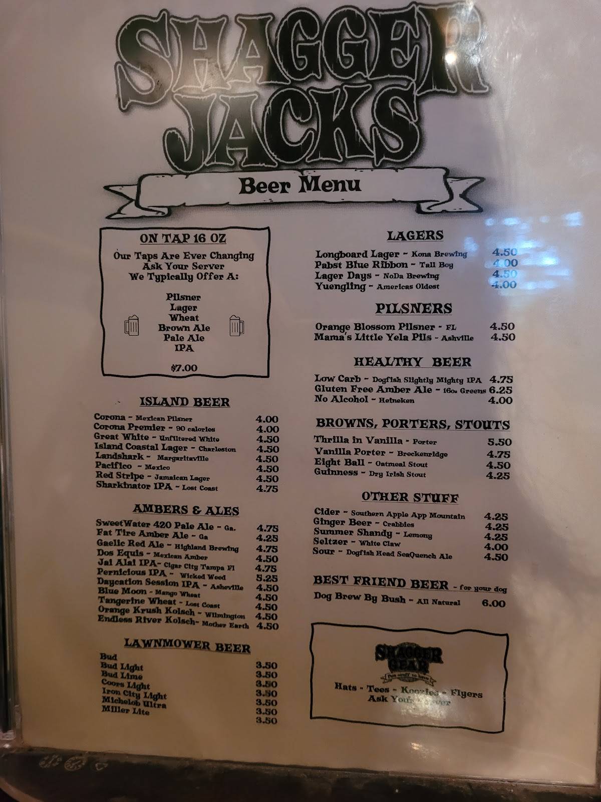 Menu at Shagger Jacks restaurant, Oak Island