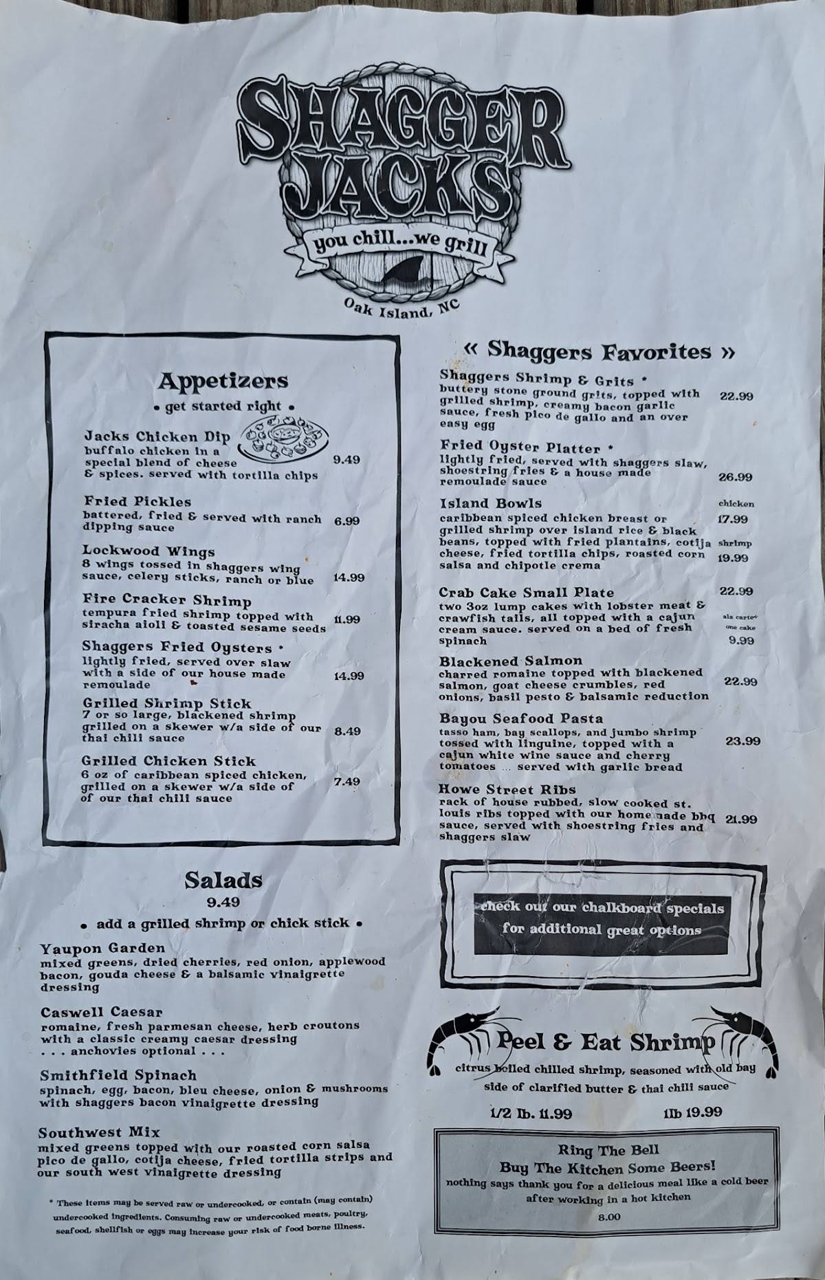 Menu at Shagger Jacks restaurant, Oak Island