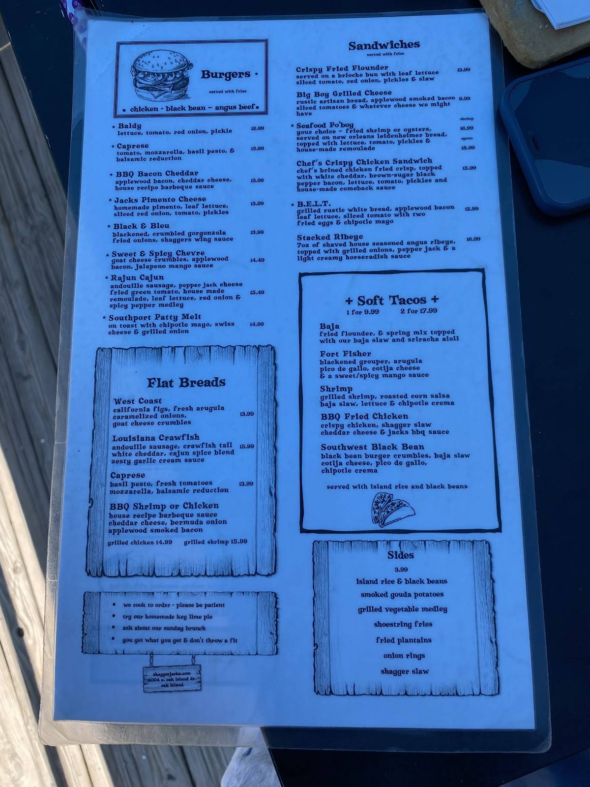 Menu at Shagger Jacks restaurant, Oak Island
