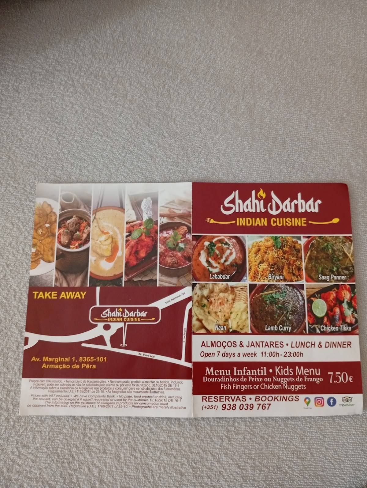 Carta de Shahi Darbar Indian Cuisine Armação, Armação de Pêra