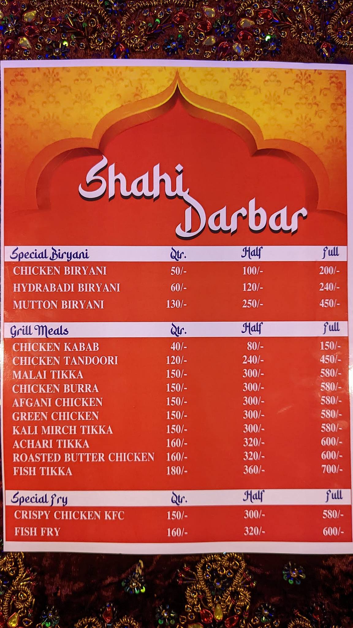 Menu at Shahi Darbar, Mainpuri