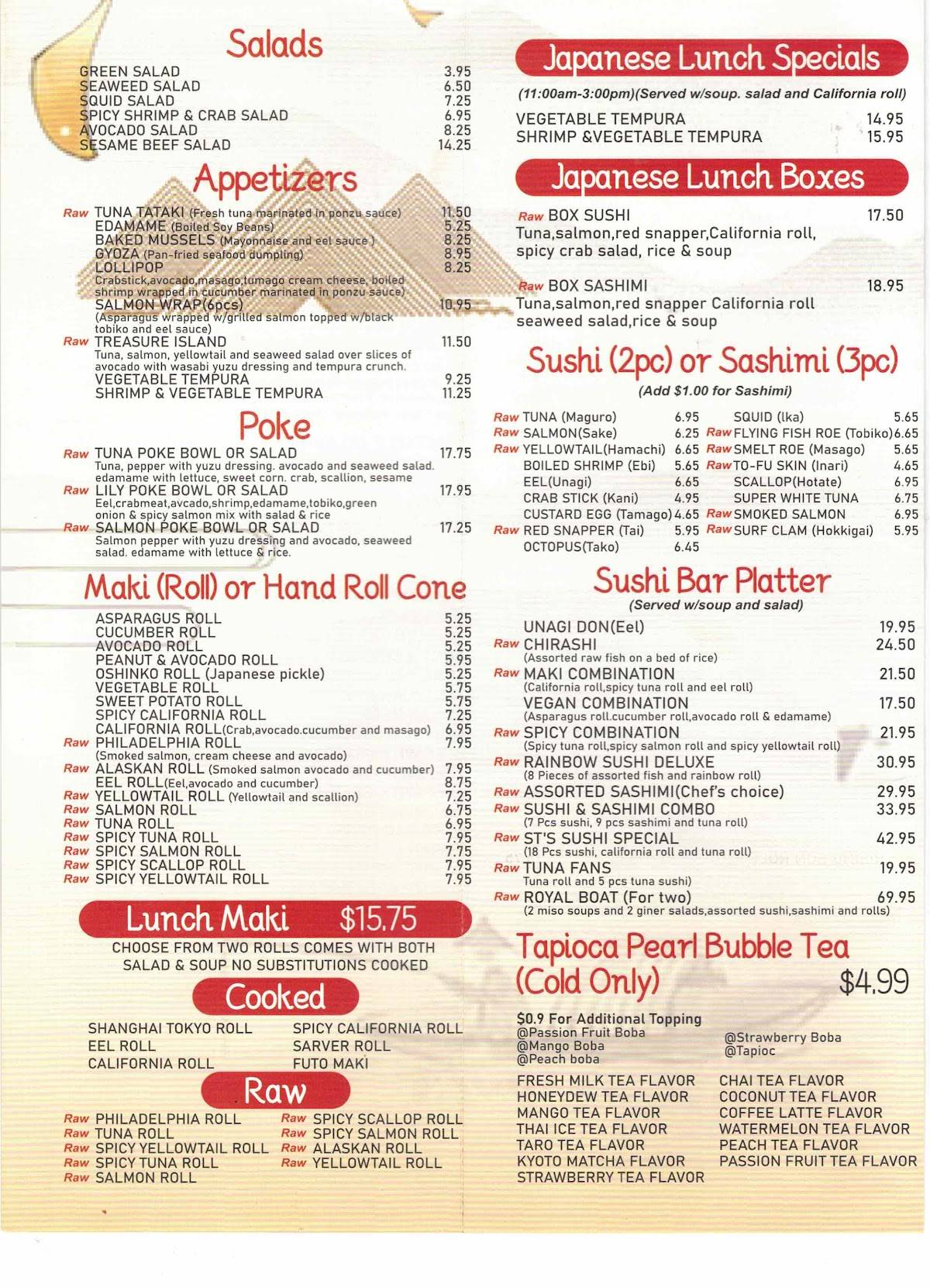 Menu at Shanghai Tokyo Chinese Restaurant & Sushi Bar, Sarver