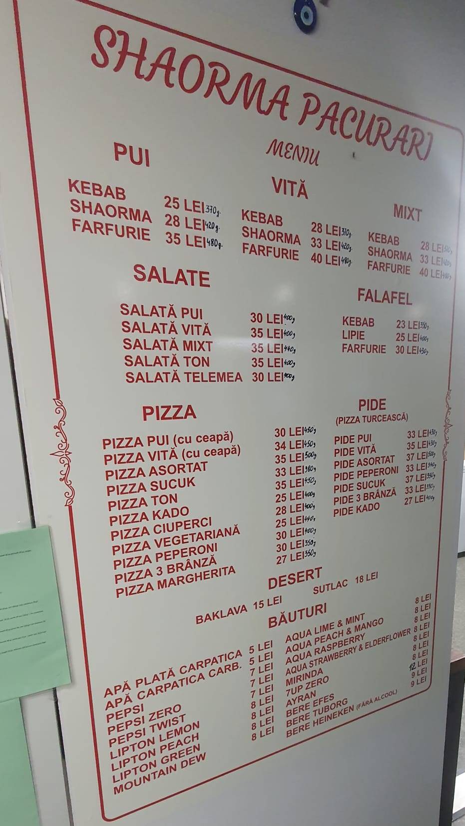 Menu at Shaorma Pacurari, Iași