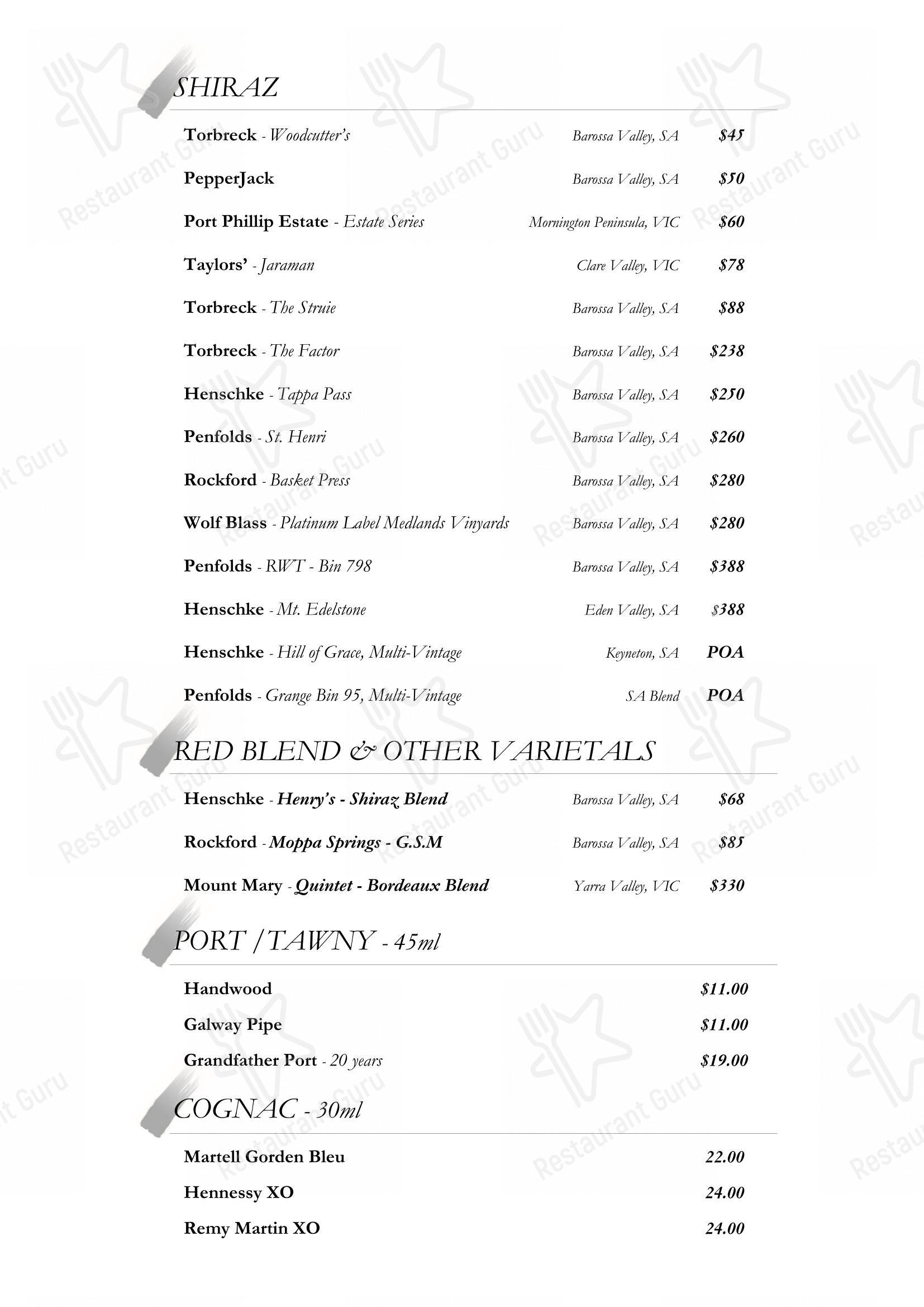 Menu at Shark Fin Inn restaurant, Melbourne, 50 Little Bourke St