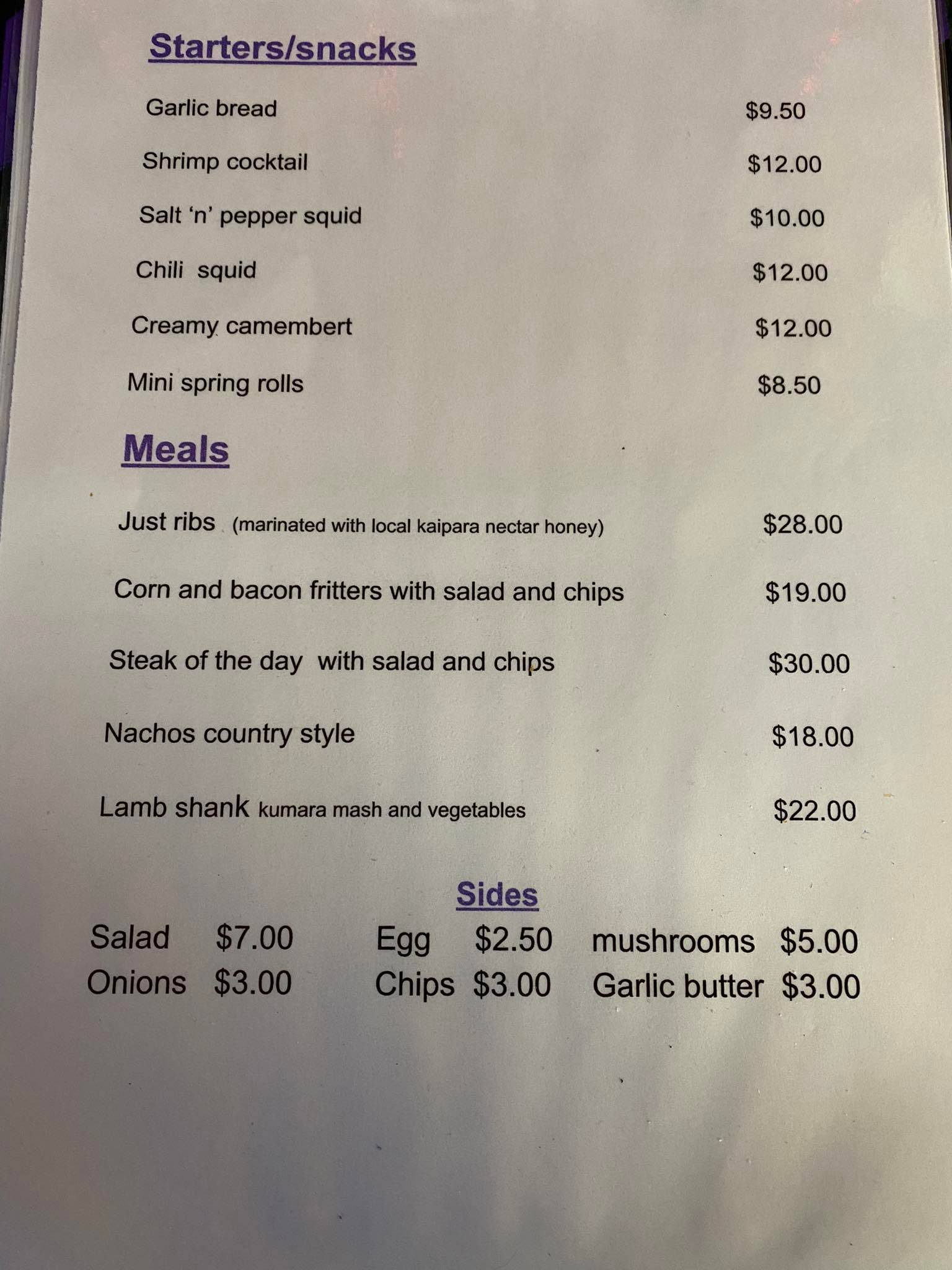 Menu at Sharkeys restaurant, Baylys Beach