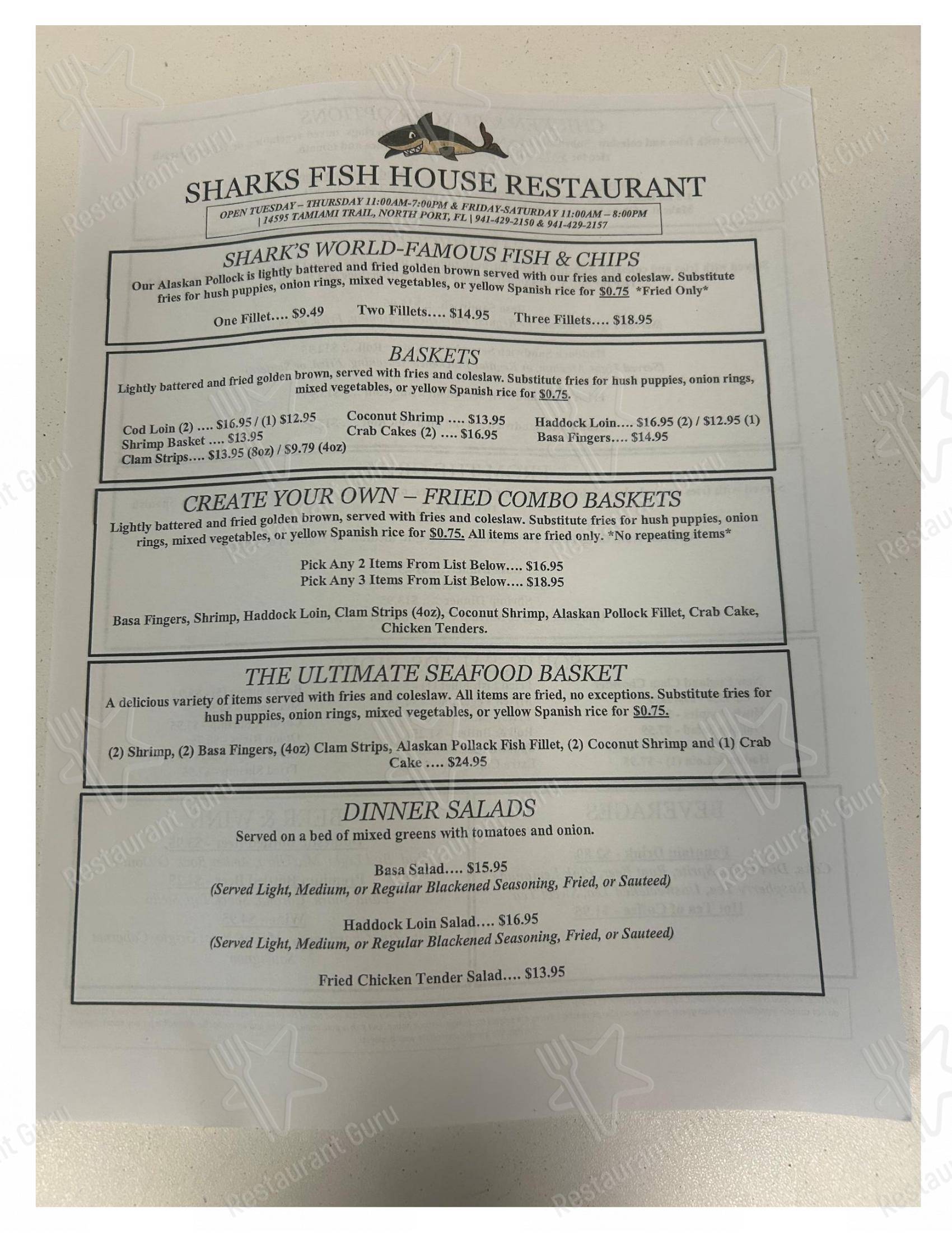 Menu at Sharks Fish House Restaurant, North Port