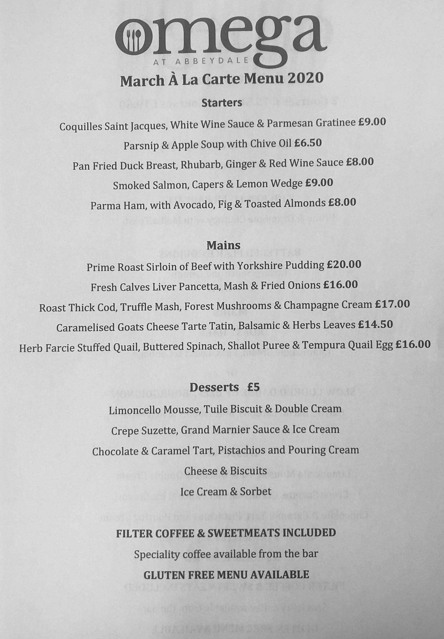 Menu at Omega at Abbeydale restaurant, Sheffield, Abbeydale Rd S