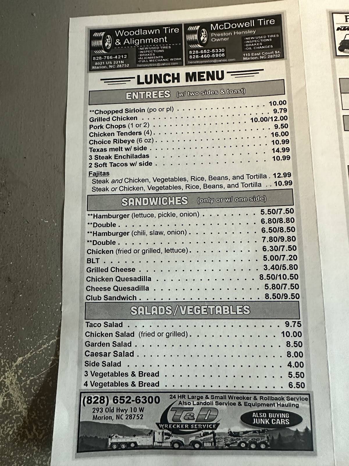 Menu at Shelba's Place restaurant, Marion