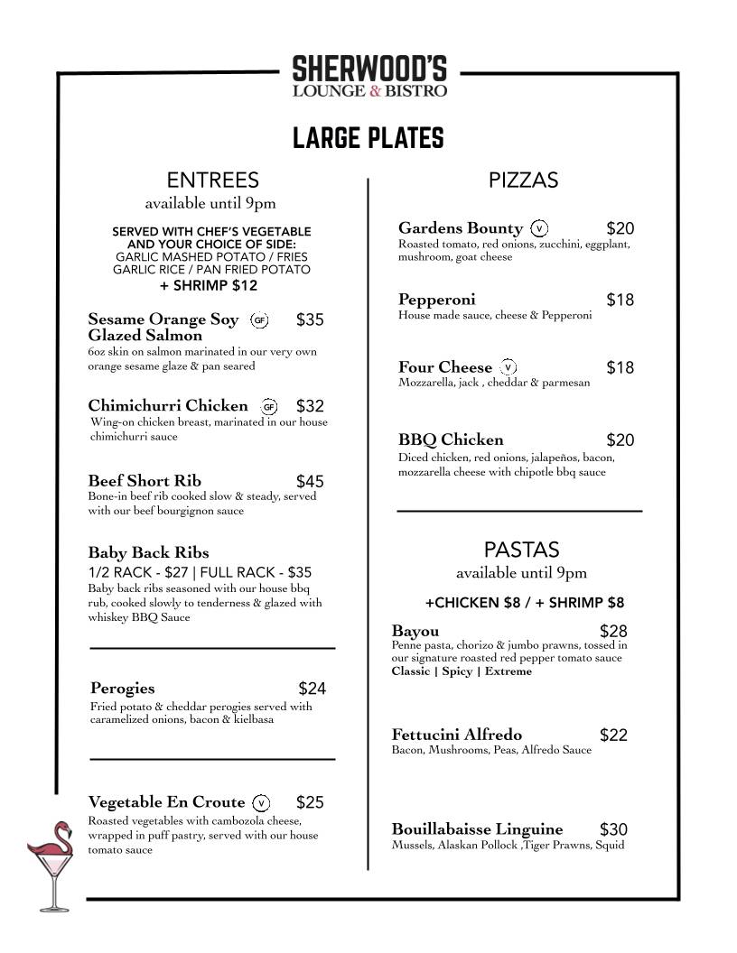 Menu at Sherwood's Lounge & Bistro restaurant, Winnipeg