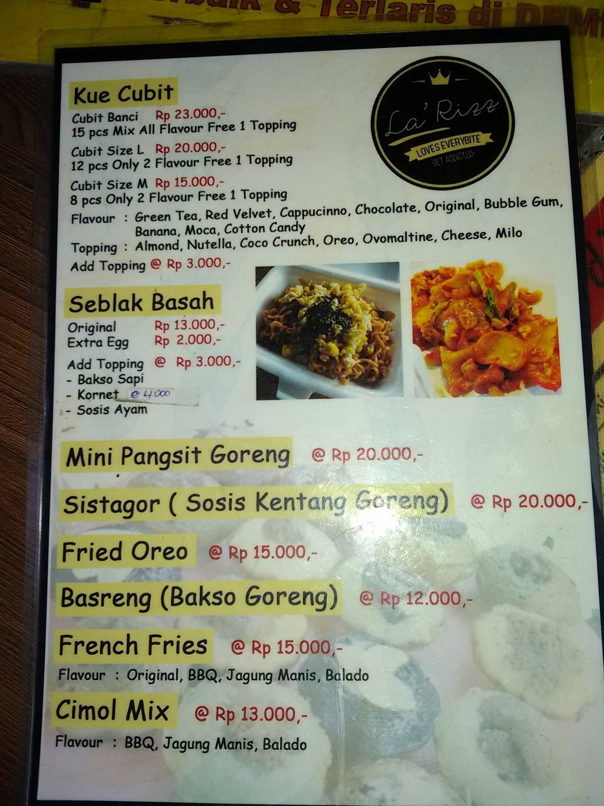 Menu at Shi-Da restaurant, Palembang