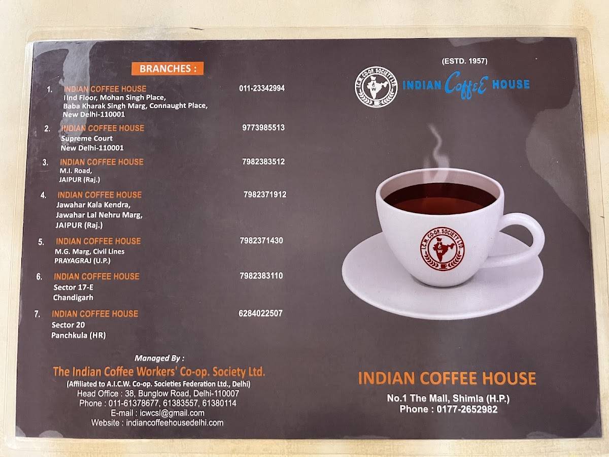 Menu at Indian Coffee House, Shimla, 1