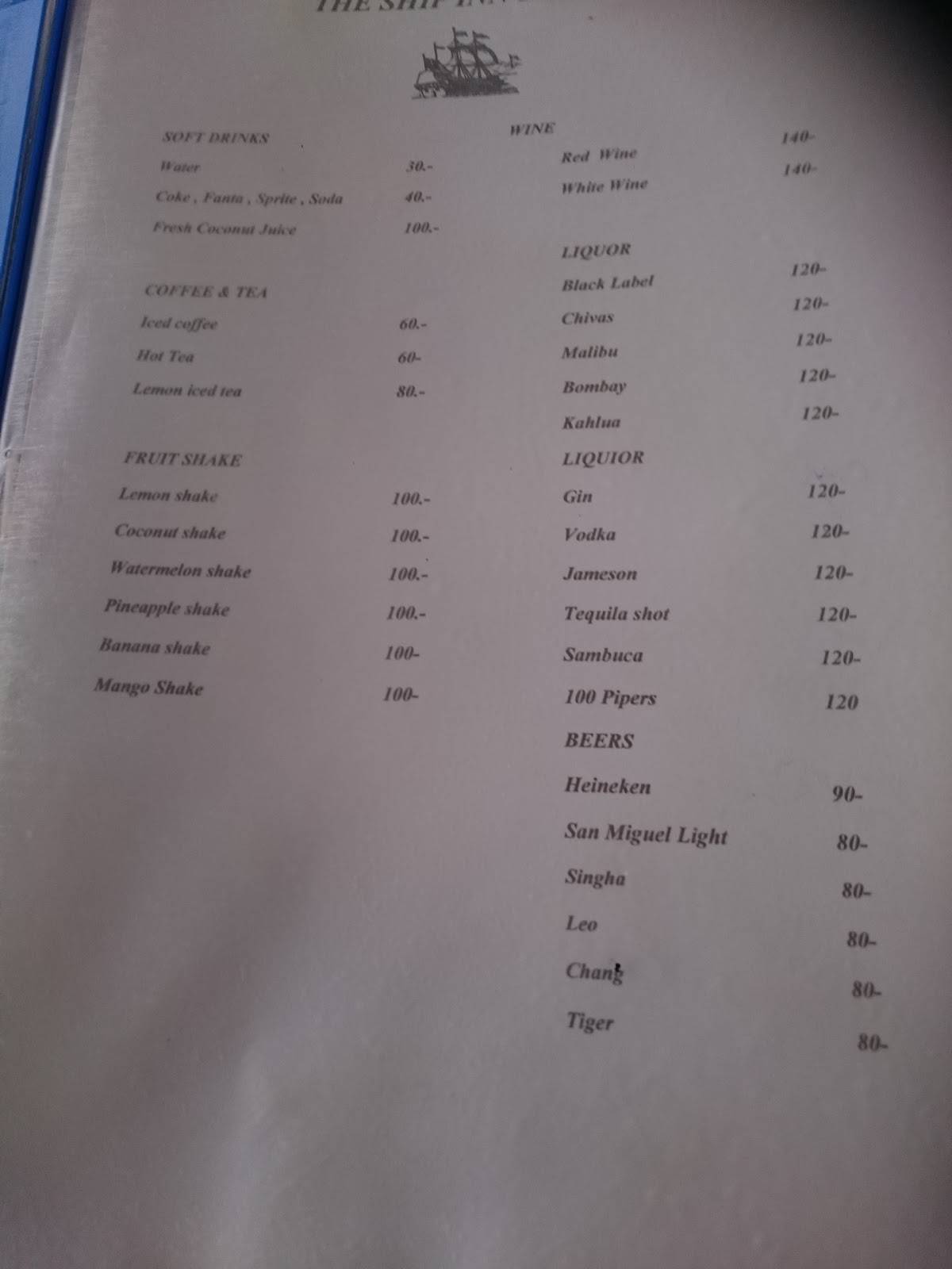 Menu at Ship Inn bar & Restaurant, Chalong, 5/13 Soi Ao-Yon Khaokhad