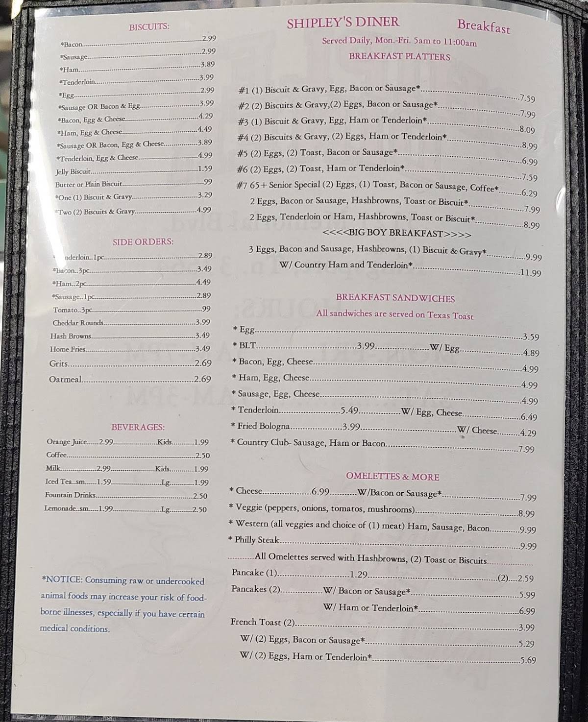 Menu at Shipley's Diner restaurant, Kingsport