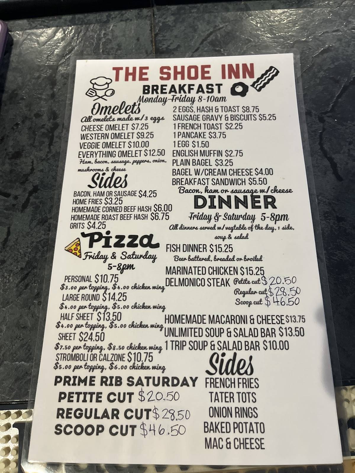 Menu at Shoe Inn restaurant, Van Etten