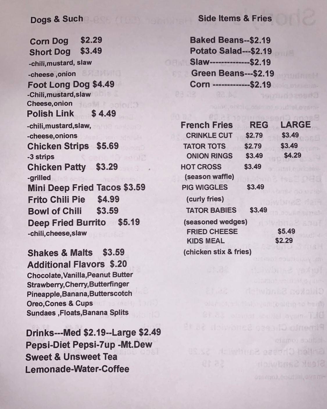Menu at Shorty's Bar-B-Que, Conway