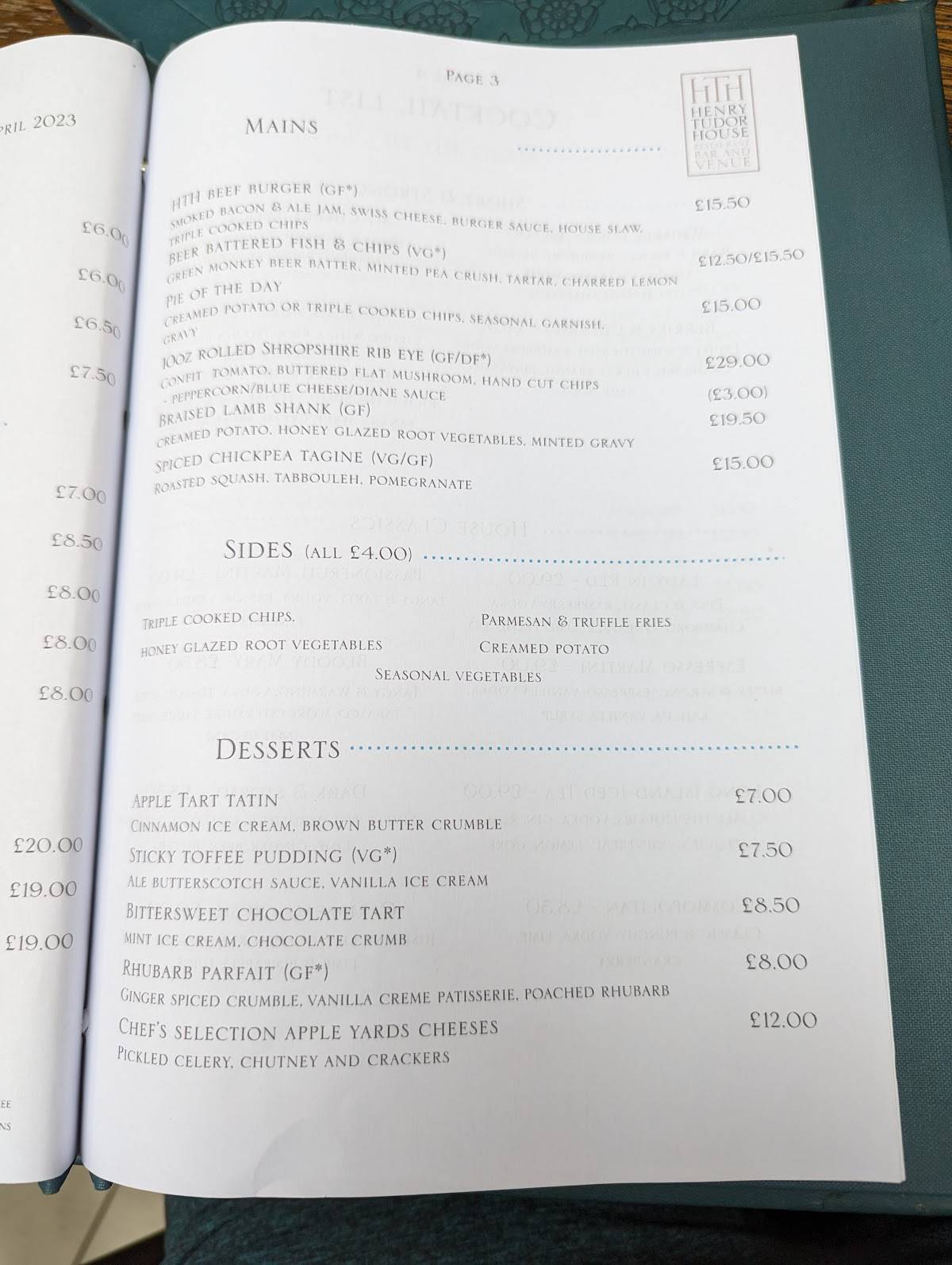Menu at Henry Tudor Inn pub & bar, Shrewsbury