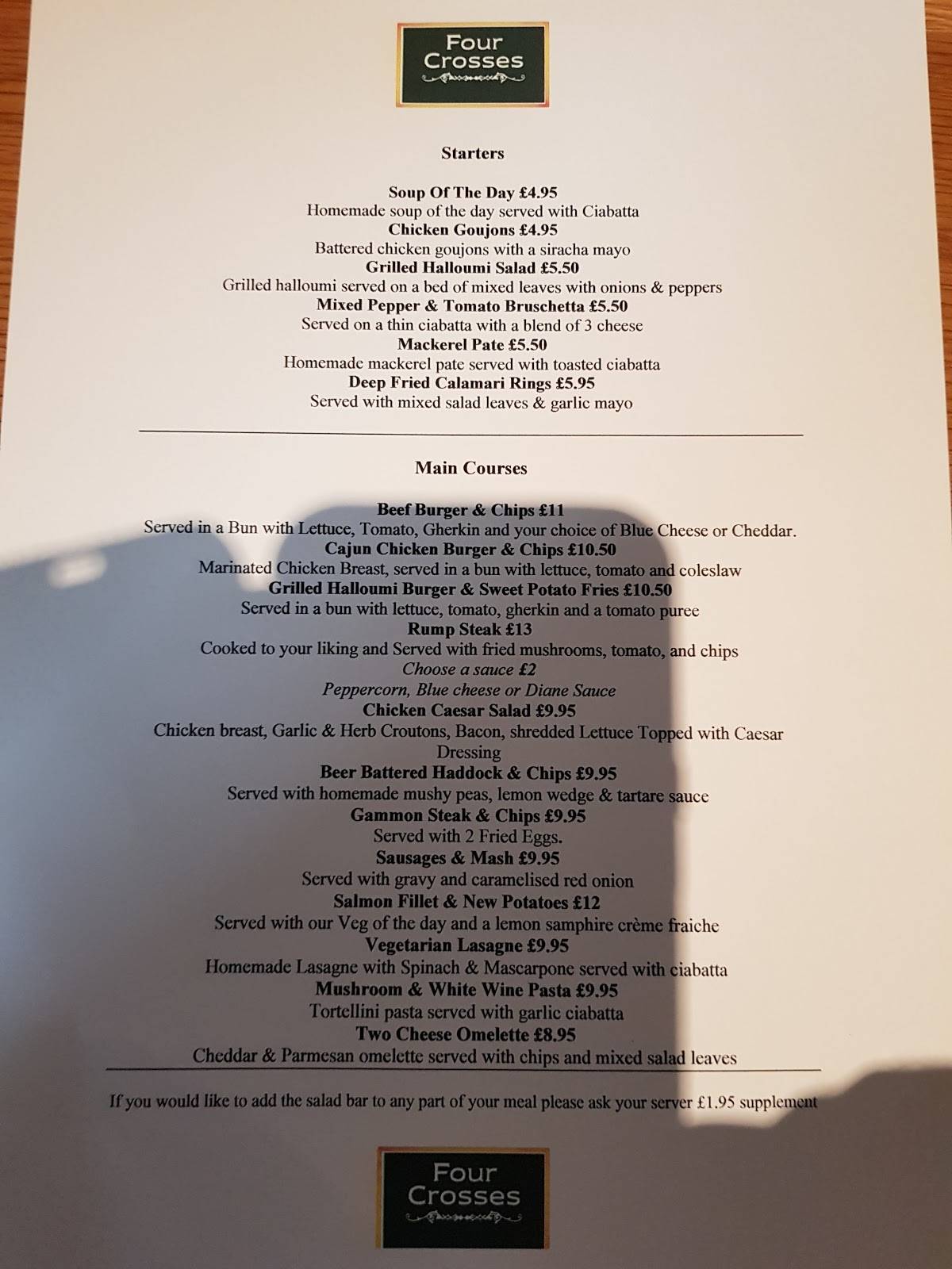 Menu at The Four Crosses Inn pub & bar, Shrewsbury