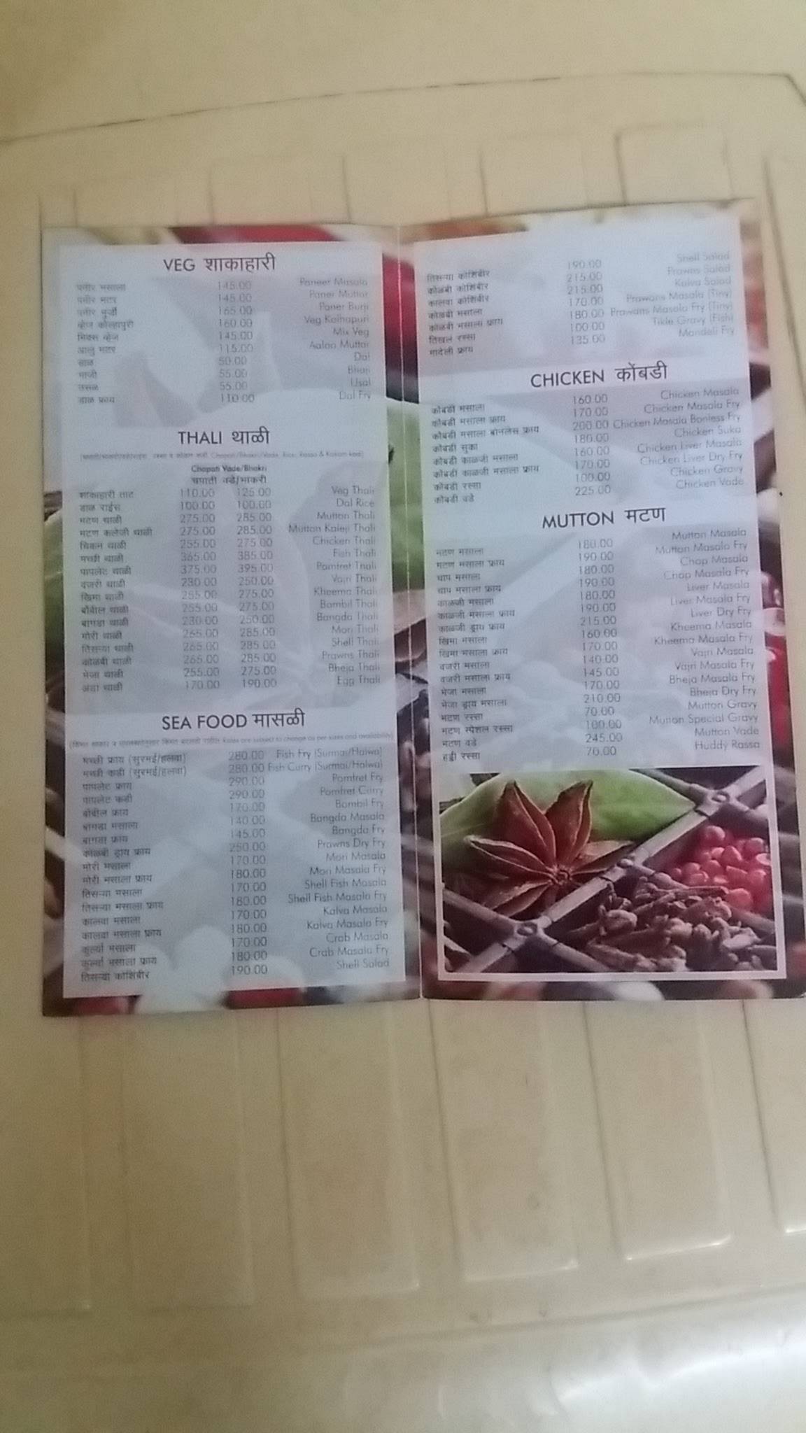 Menu at Shri Datta Boarding House, Mumbai