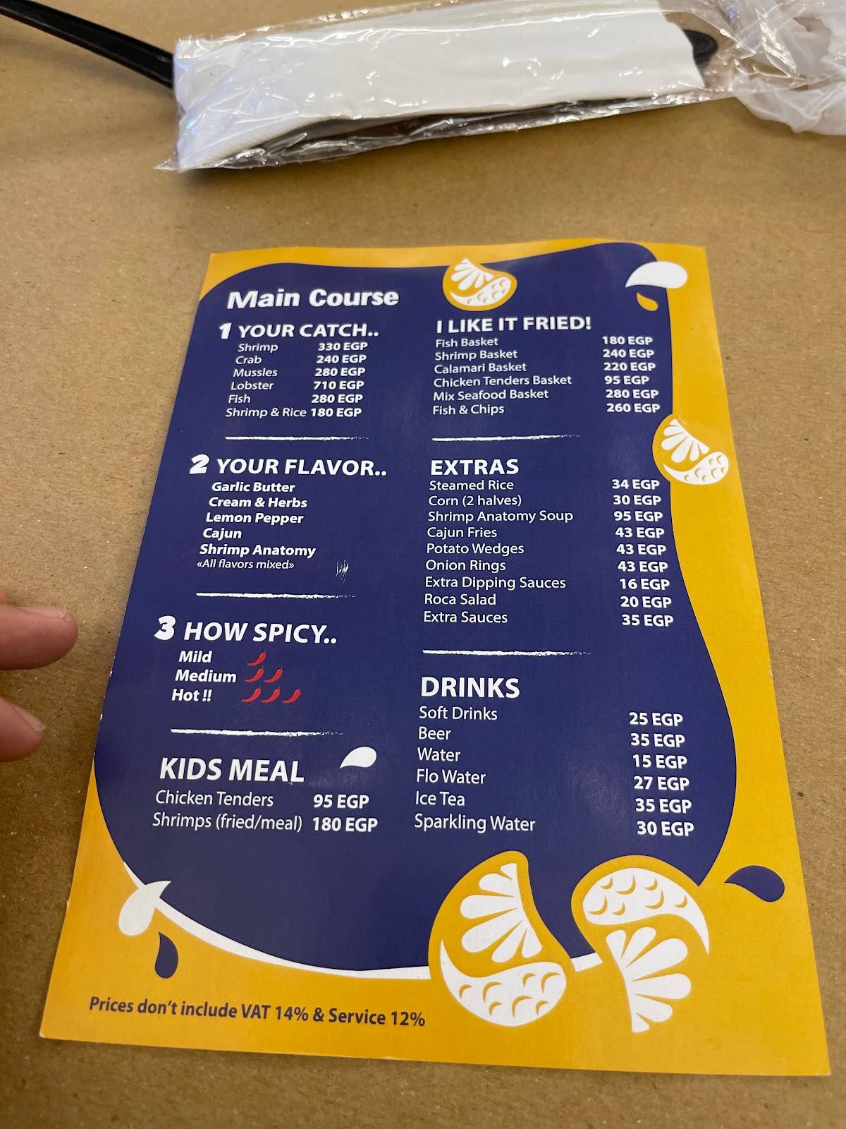 Menu at Shrimp Anatomy restaurant, New Cairo City