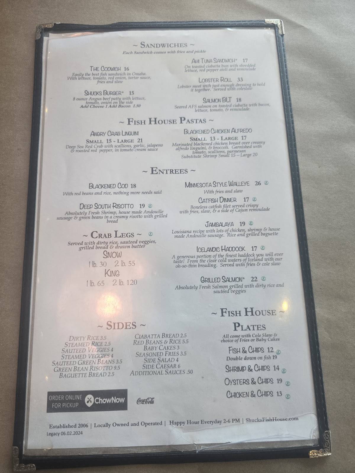 Menu at Shucks Fish House & Oyster Bar, Omaha, Wright Plaza Suite 198