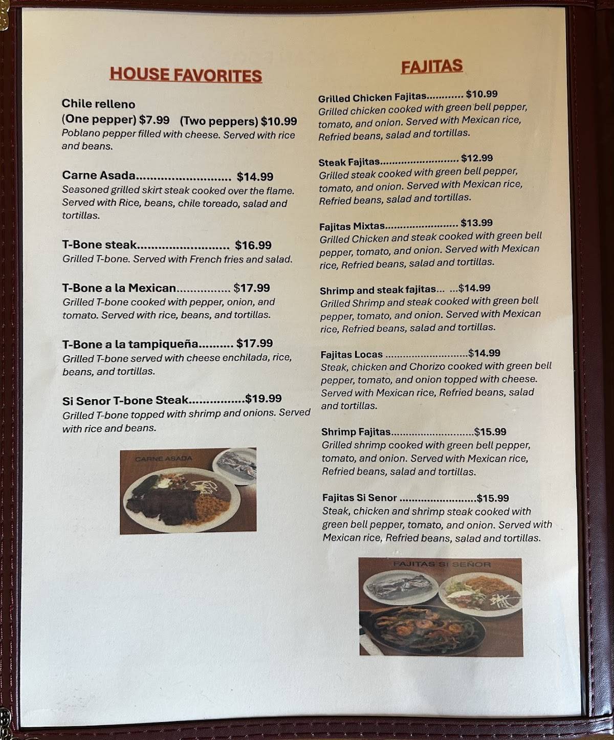 Menu at Si Señor Authentic Mexican Restaurant, Kentland