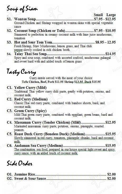 Menu at Siam Royal Thai LLC restaurant, Clemson