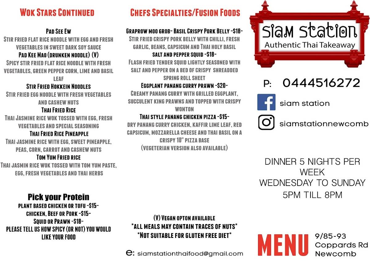 Menu at Siam Station restaurant, Moolap