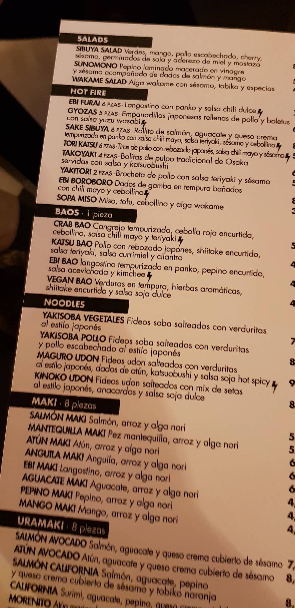 Carta de Sibuya Urban Sushi Bar, Alcorcón