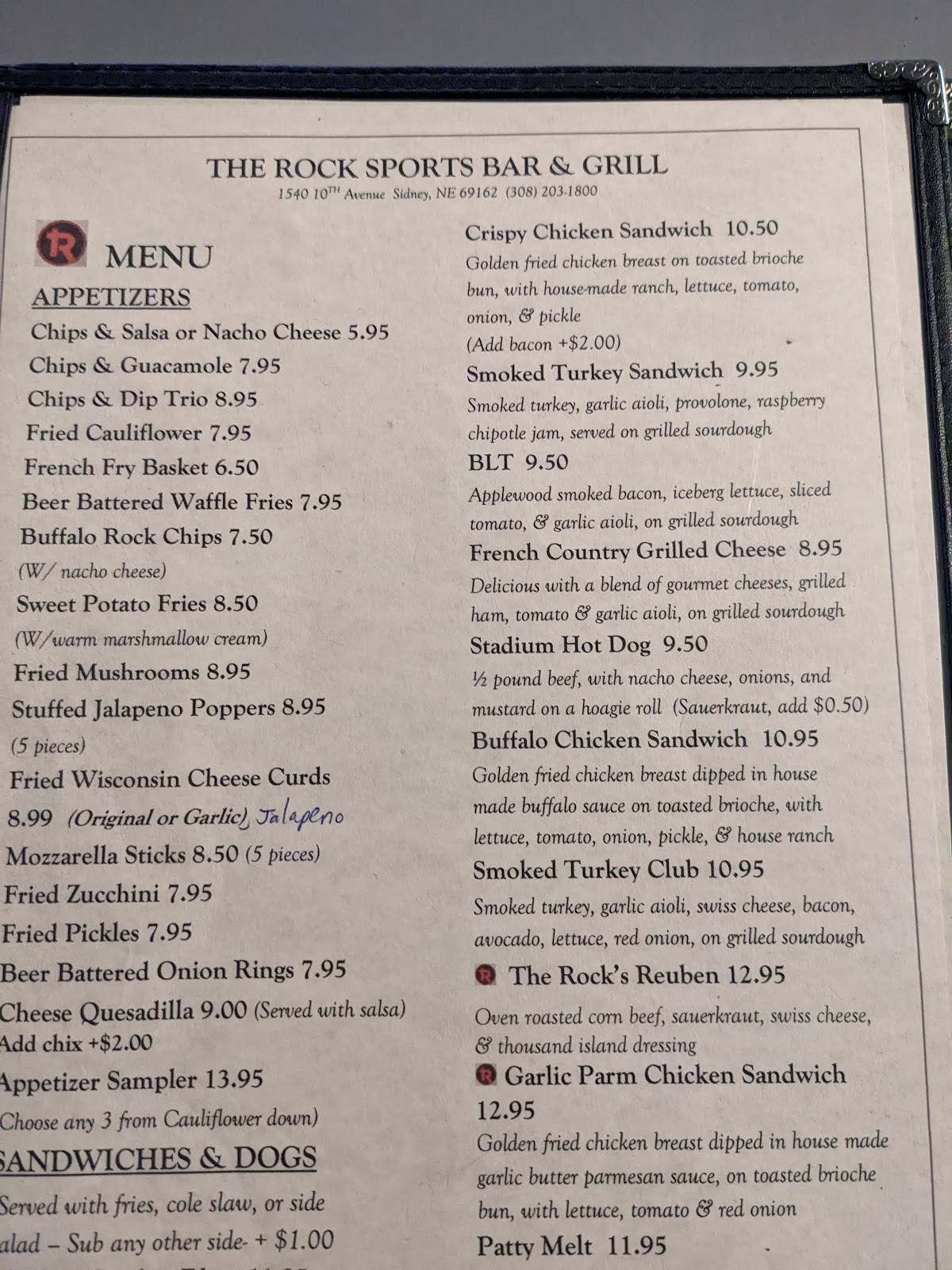 Menu at The Rock Sports Bar & Grill, Sidney