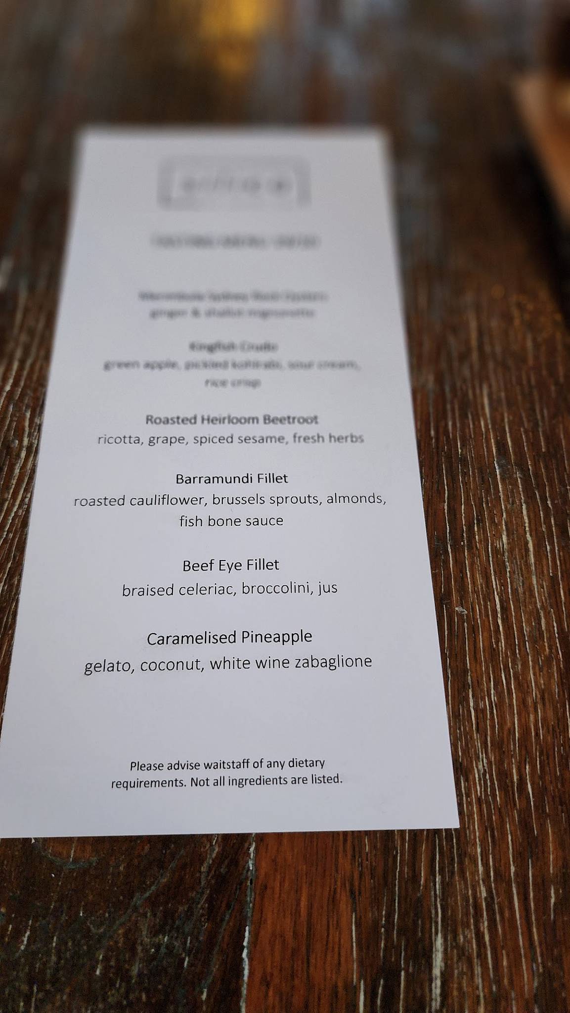 Menu at Silica Restaurant, Kiama