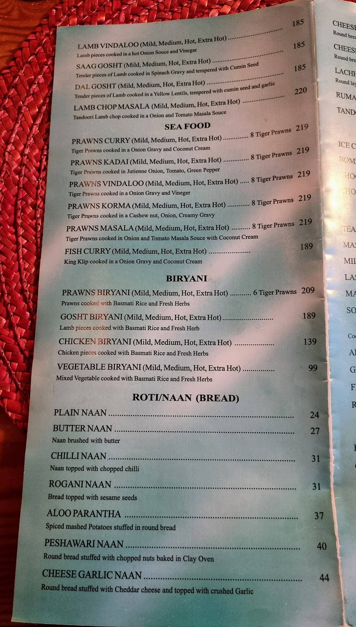 Menu at Silver Spoon Indian Cuisine restaurant, Cape Town