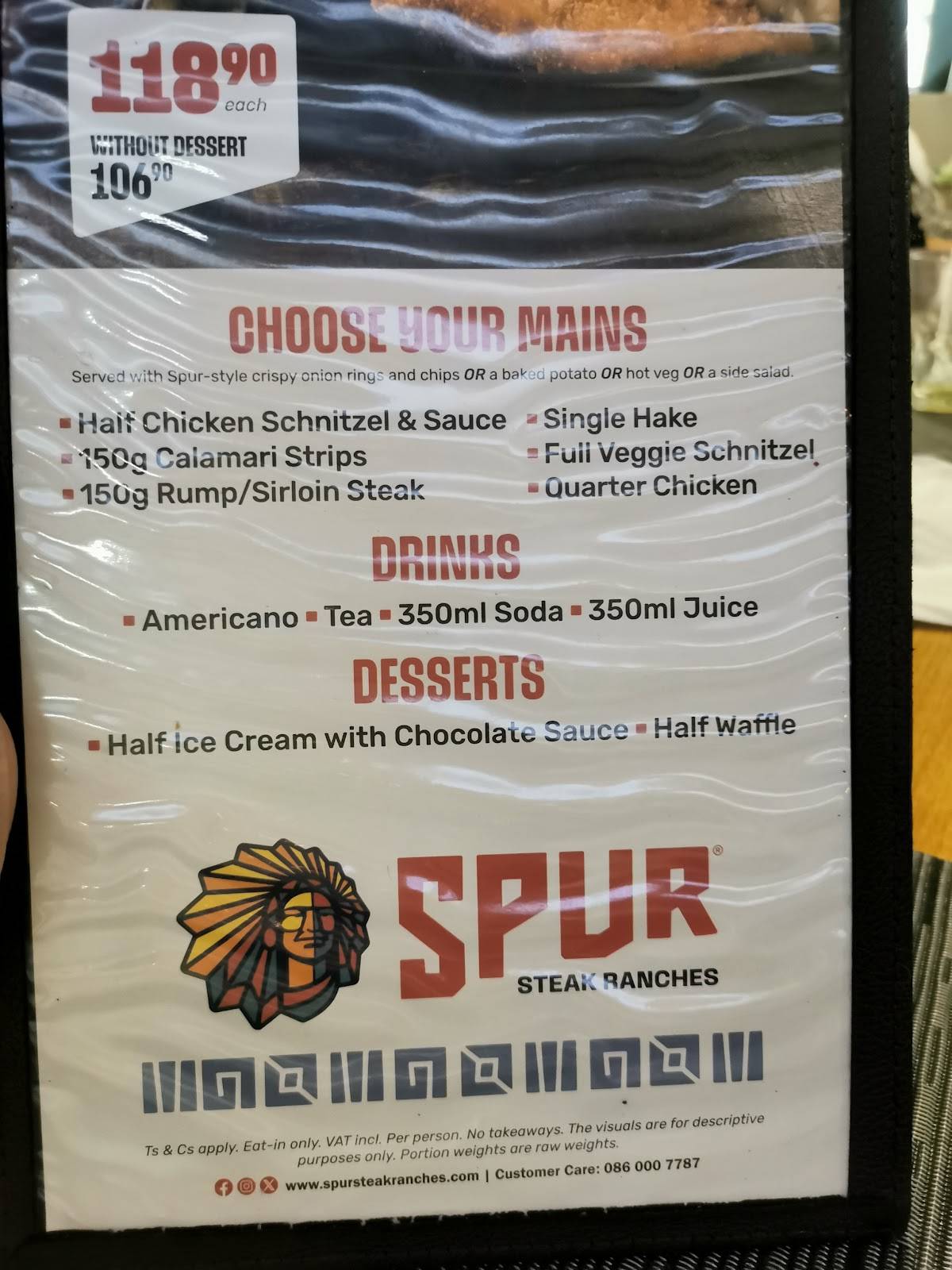 Menu at Silver Spur restaurant, Cape Town, Cnr Durban Road