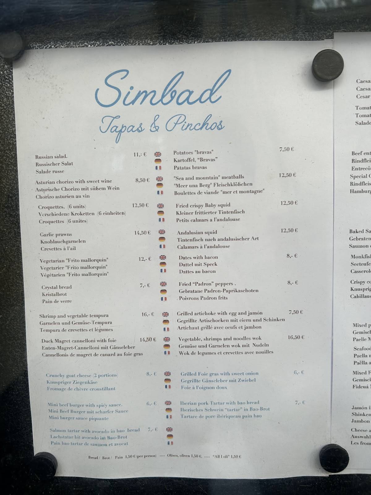 Menu at Simbad restaurant, Palma