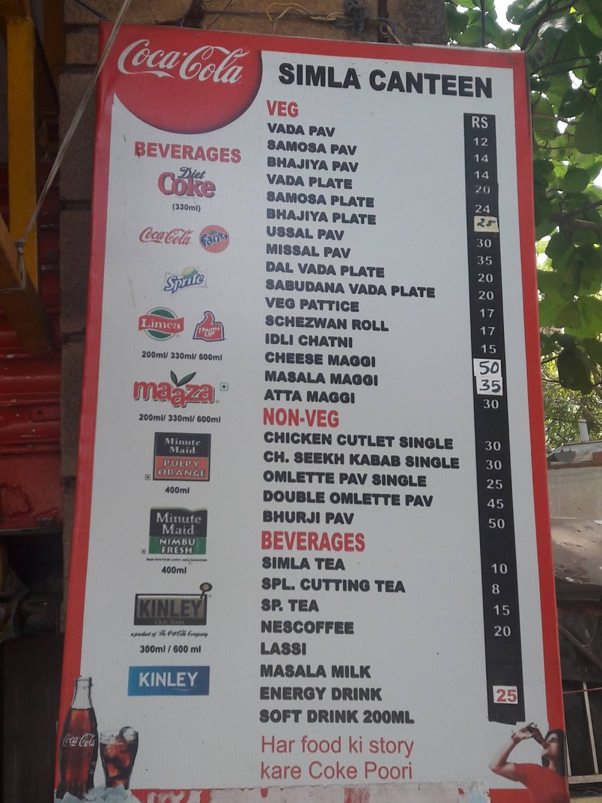 Menu at Simla Canteen, Mumbai, 2RHP+4MM