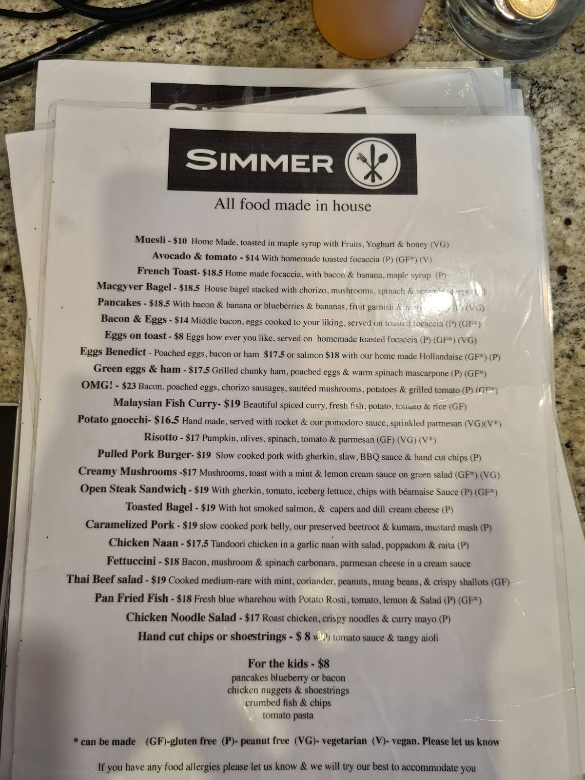Menu at Simmer Café cafe, Wellington