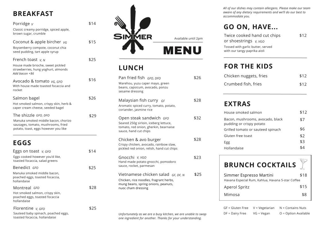 Menu at Simmer Café cafe, Wellington