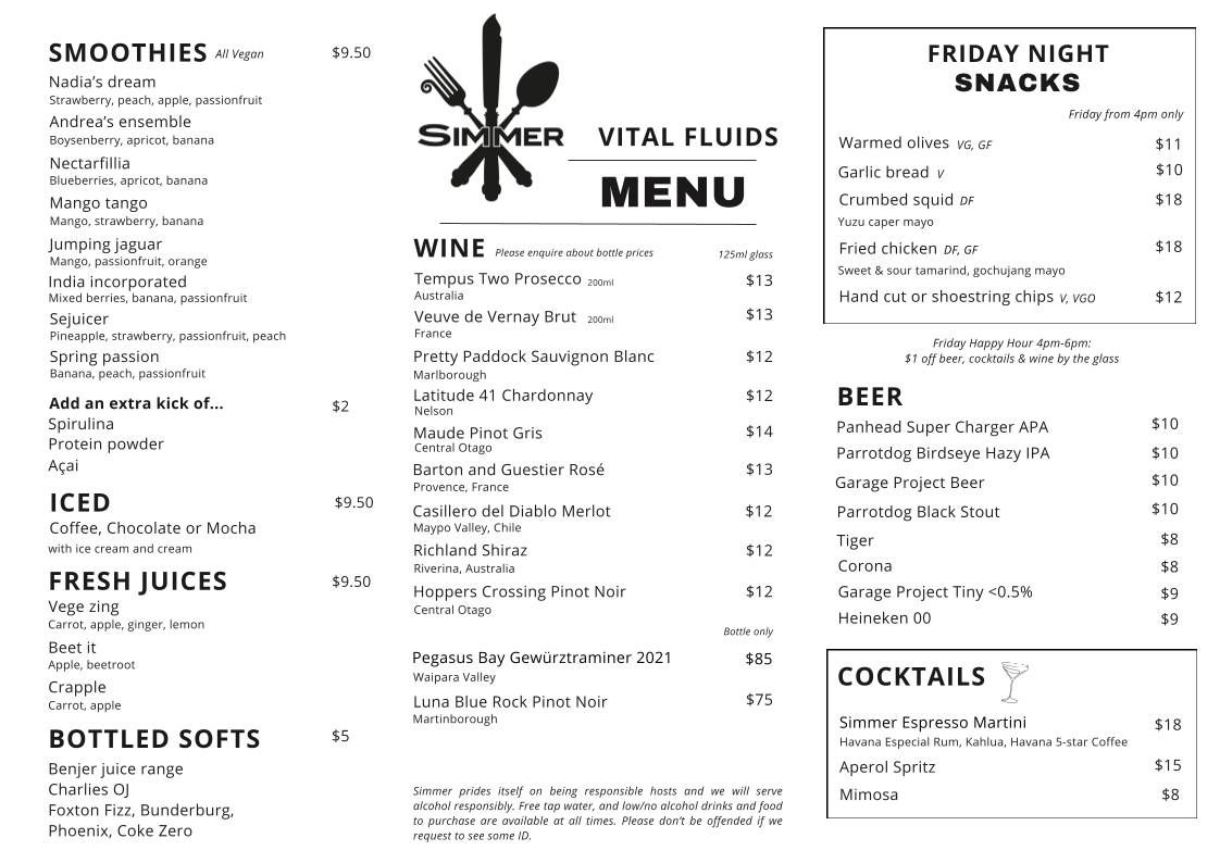 Menu at Simmer Café cafe, Wellington