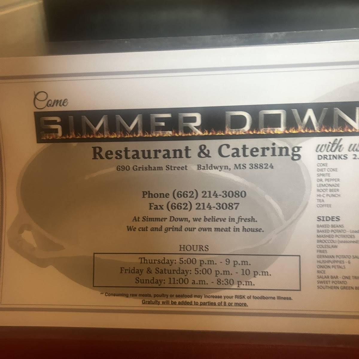 Menu at Simmer Down steakhouse, Baldwyn
