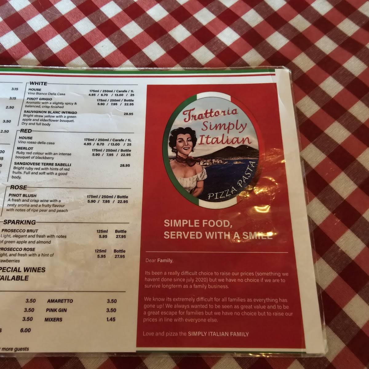Menu at Simply Italian restaurant, Eastbourne